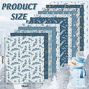 Whaline 12Pcs Winter Cotton Fabric Bundles Watercolor Christmas Fat Quarters White Blue Snowflake Leaves Printed Sewing Fabrics for DIY Handmade Crafting, 18 x 22 Inch