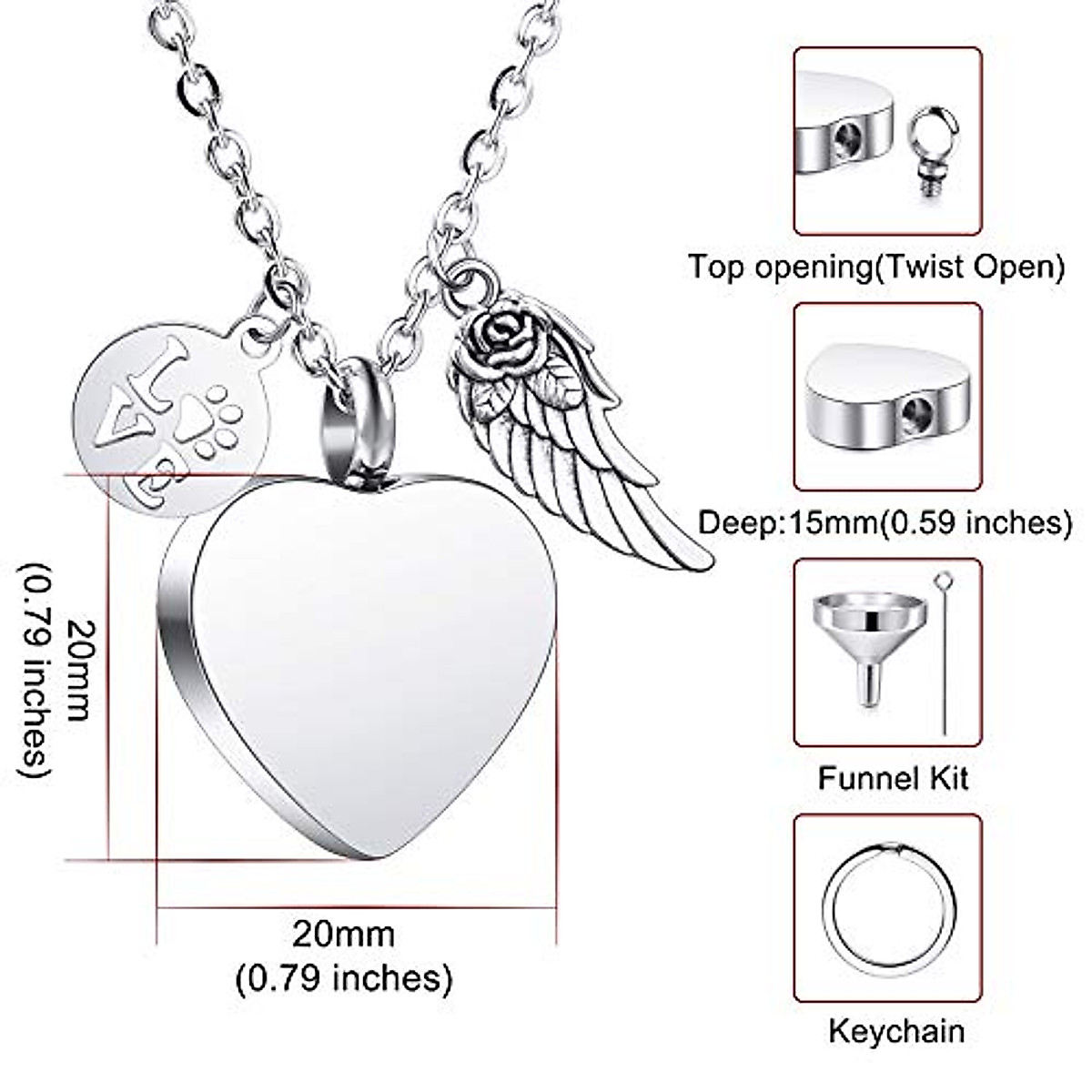 MeMeDIY Personalized Heart Paw Print Ashes Urn Pendant Necklace Custom Name/Photo/Date for Women Men Stainless Steel Memorial Dog Cat Pet Keepsake with Keyring Funnel Fill Kit Angel Wing