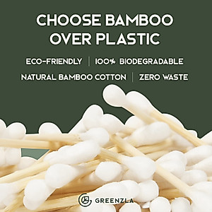 Greenzla Organic Cotton Swabs 600 Pack - Biodegradable Vegan Bamboo Cotton Buds with Plant-Based Packaging, Wooden Ear Swabs with Soft & Gentle Cotton Tips, Comes with Eco-Friendly Cotton Swab Holder