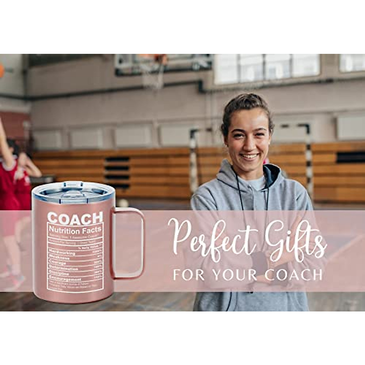 Onebttl Coach Gifts, Funny Gift Idea for Appreciation, Christmas, Birthday, 12oz Stainless Steel Insulated Travel Coffee Mug - Coach Nutriton Facts RoseGold