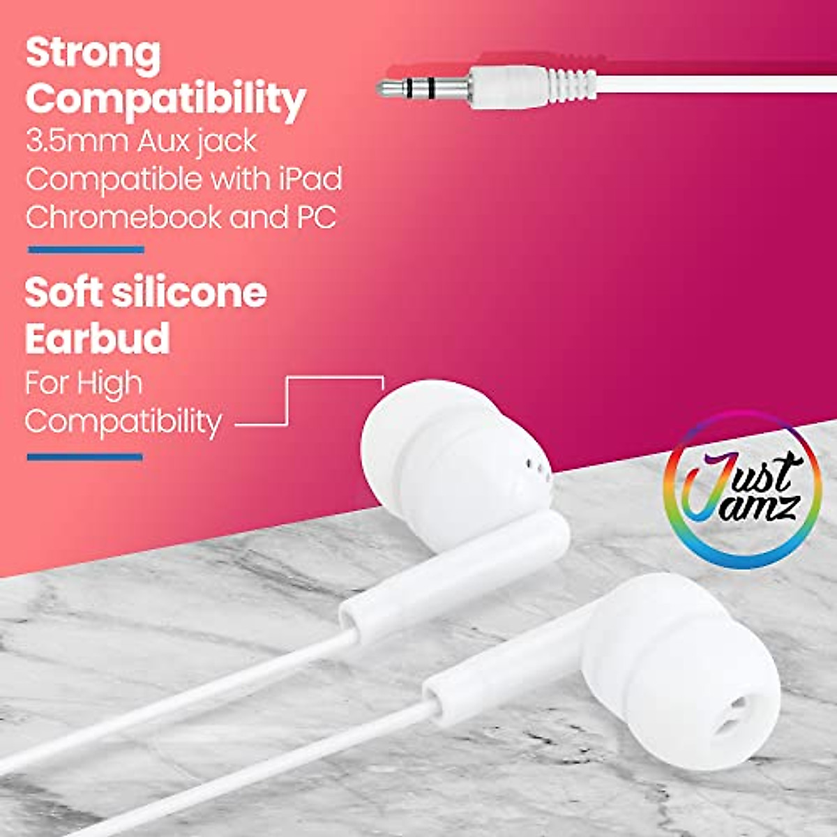 JustJamz Earbuds 500 Pack | Best Bulk Earbuds, Pearl White in Ear Buds, Disposable Earphones, Classroom Headphones Set, Wired Earphones Perfect for Kids, Laptop, Chromebook, Phones | School Ear Buds