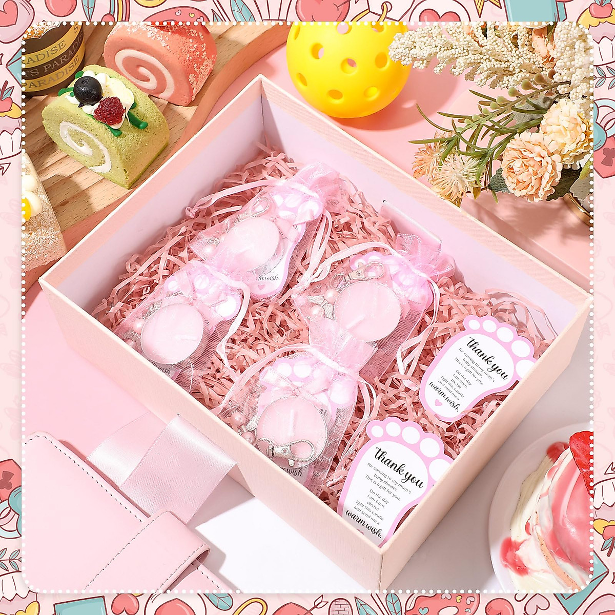 Landical 50 Sets Baby Shower Favors for Guests Including 50 Unscented Tealight Baby Shower Candles 50 Angel Keychains 50 Gift Bags 50 Baby Shower Cards for Baby Shower Gender Reveal Party(Pink)