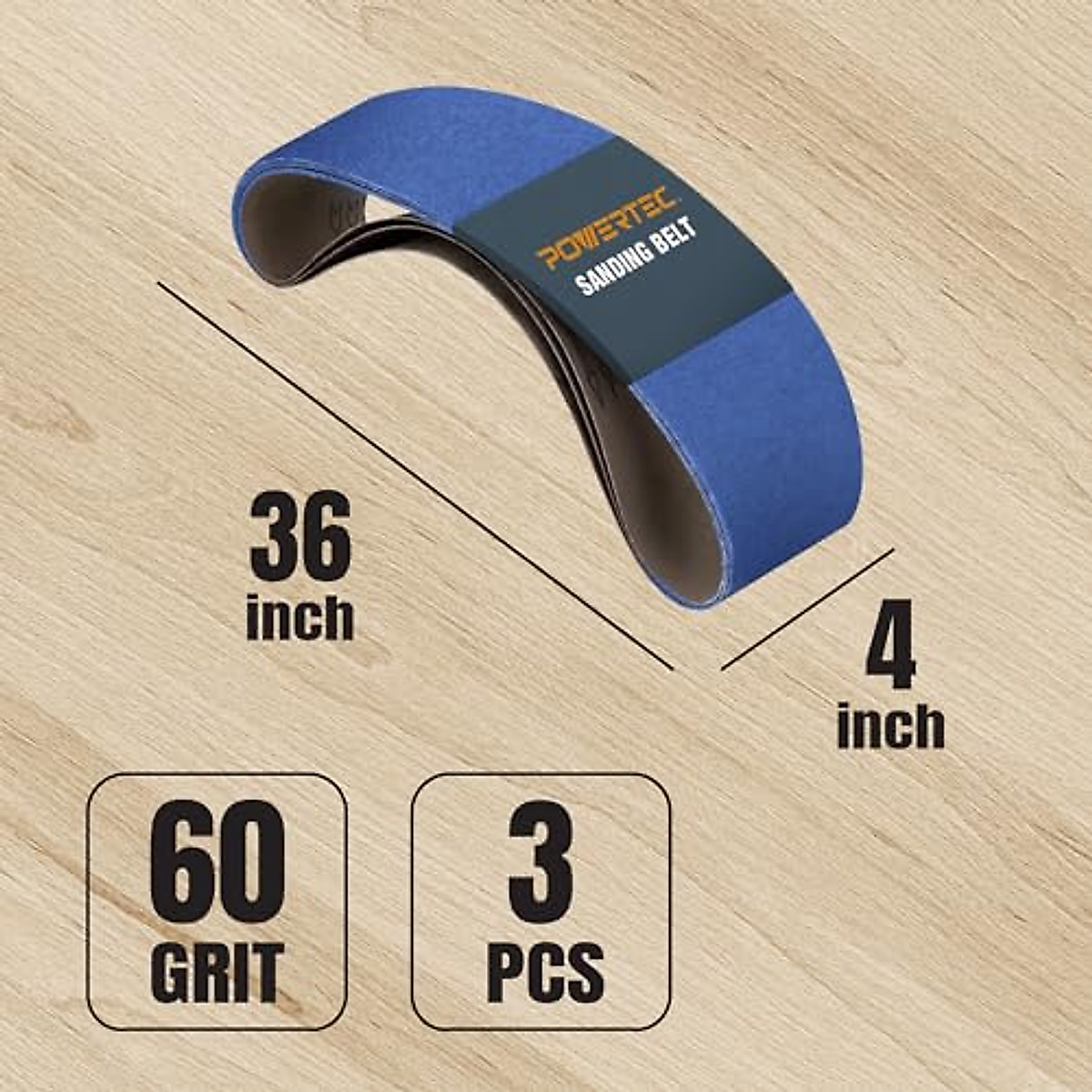POWERTEC 4 x 36 Inch Zirconia Sanding Belts, 60 Grit Belt Sander Sanding Belt for Bench Sander, Belt and Disc sander, Woodworking, Metal Grinding, 3PK (443606Z-3)