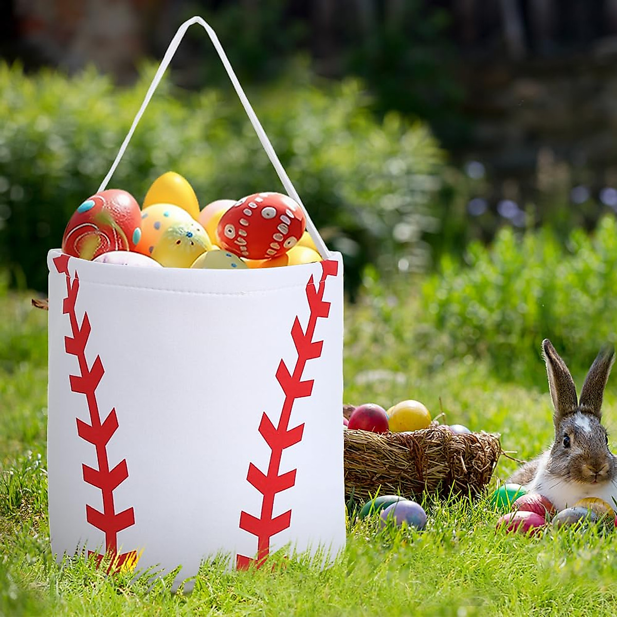 E-FirstFeeling Baseball Basket Easter Baskets Canvas Easter Eggs Hunt Baskets Halloween Basket Trick or Treat Basket Candy Bucket Tote for Halloween Easter (Baseball)