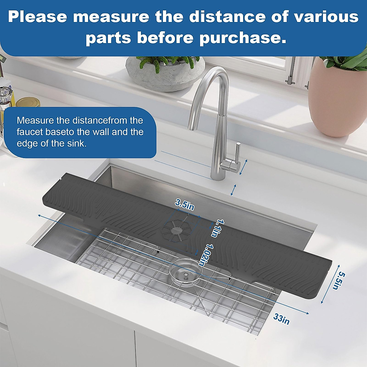 LVJING 33 inch Sink Splash Guard Mat, Sink Faucet Drying Mat, Silicone Faucet Handle Drip Catcher Tray, Longer Silicone Sink Mat for KitchenBathroom, Drip Protector Splash Countertop (Black)