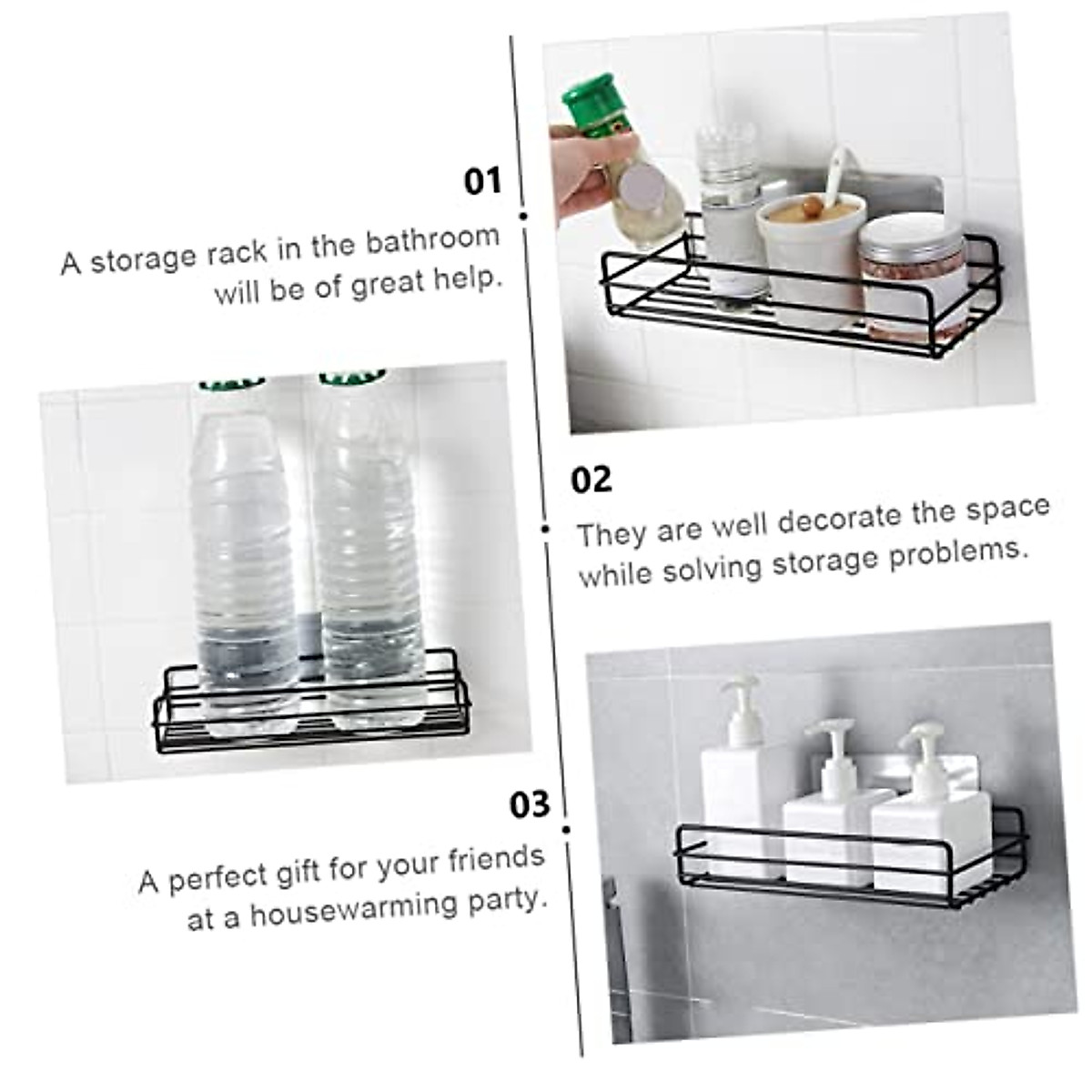 Levemolo 2pcs Organizer Shelves for Adhesive Dish Shampoo Brush Stainless Holders Caddy Racks Shower Farmhouse Scouring Iron Black Display Storage Floating Sink Metal Shelf Wall-mounted