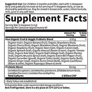 Garden of Life Raw Acidophilus and Bifidobacteria Organic Probiotic Supports Digestive Health & Immune System for Kids, Gluten & Soy Free, Packaging May Vary, 3.4 Oz