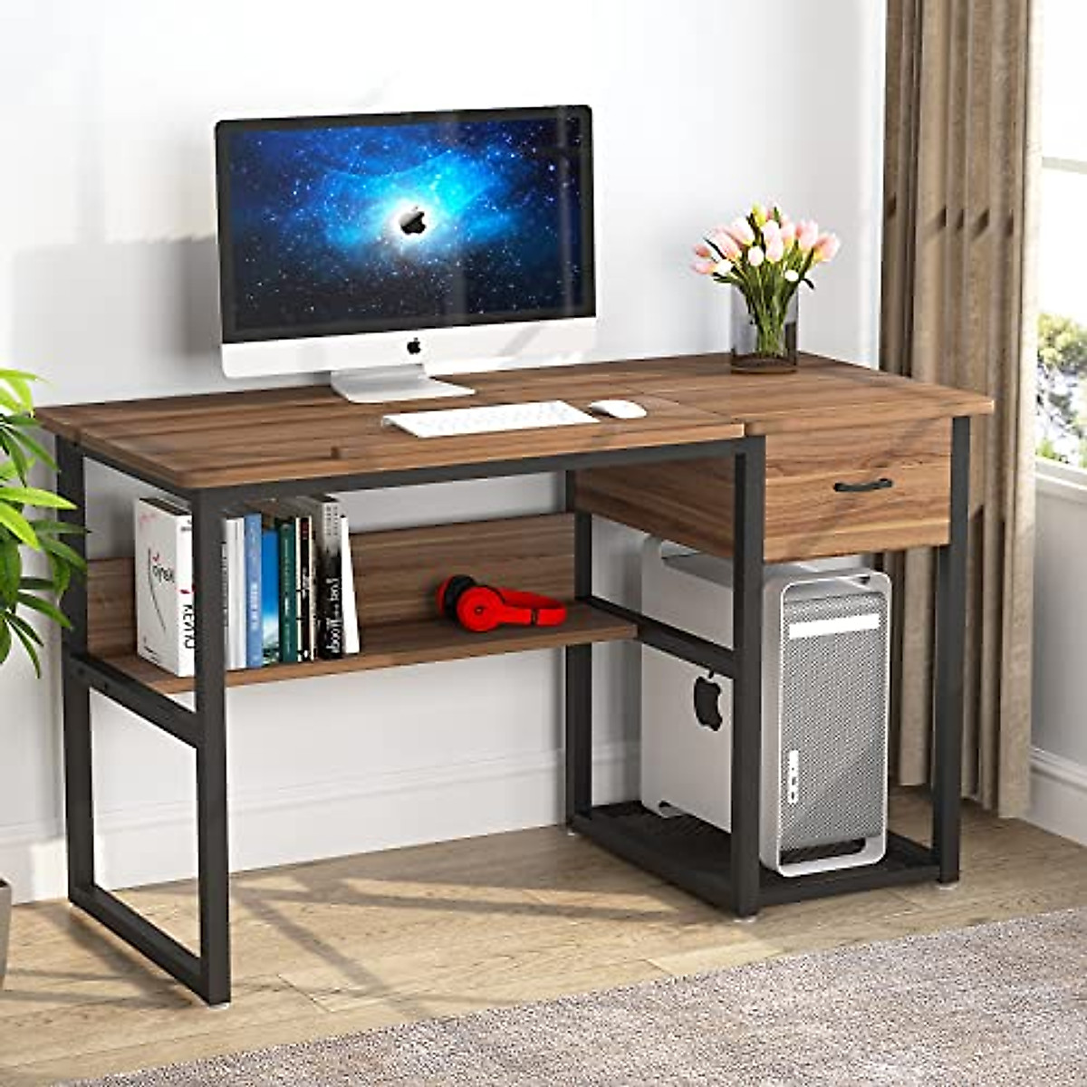 Tribesigns Drafting Table with Storage Drawers, Drawing Computer Desk Artist Craft Table Painting Desk Workstation with Shelves and Tiltable Tabletop for Students, Home Office
