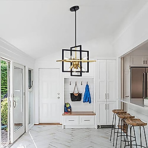 Yasince Small Metal Lantern Chandeliers, 8-Light Modern Geometric Pendant Light Fixture, Industrial Black and Champagne Gold Hanging Chandelier for Living Room Kitchen Island Foyer Hallway Farmhouse
