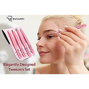 Ruvanti Tweezers 4 Pieces Set for Men/Women - Best for Plucking Eyebrow Facial & Ingrown Hairs, Slant Tip Pointed Straight & Precise - Pink