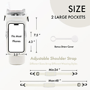 JEBEALUO Water Bottle Carrier Bag with Phone Pocket for Stanley Cup 40/30 oz, Water Bottle Holder with Adjustable Strap& Straw Cover, Stanley Cup Accessories (White)