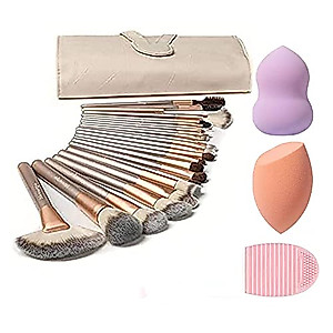 NEVSETPO Makeup Brushes 18pcs Synthetic Kabuki Brush Set Foundation Powder Blending Concealer Eye shadows Blush Cosmetics Brushes with 3 Sponge Mat Solid Wood Hande Makeup Bag Included
