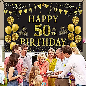 Trgowaul 50th Birthday Decorations Women Men - Large Black and Gold 50 Birthday Banner Backdrop, Happy 50th Birthday Party Supplies Photography Background, 50 Years Old Bday Gifts Poster her 51"×83"