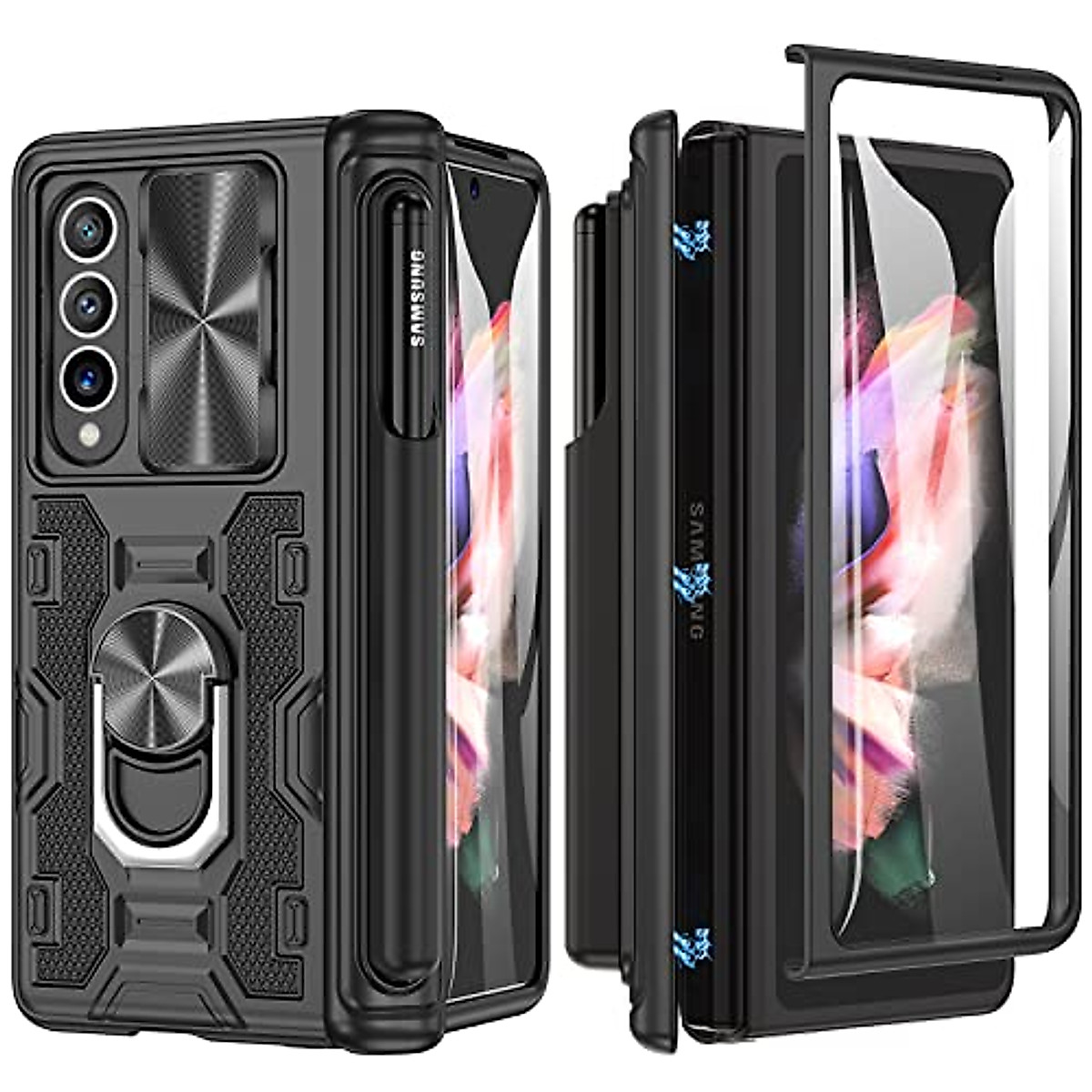 Maxdara for Z Fold 3 Case, with Pen Holder & Hinge Protection & Slide Camera Cover & Built-in Screen Protector & Kickstand Full-Body Dual Layer Case for Samsung Galaxy Z Fold 3 5G(Black)