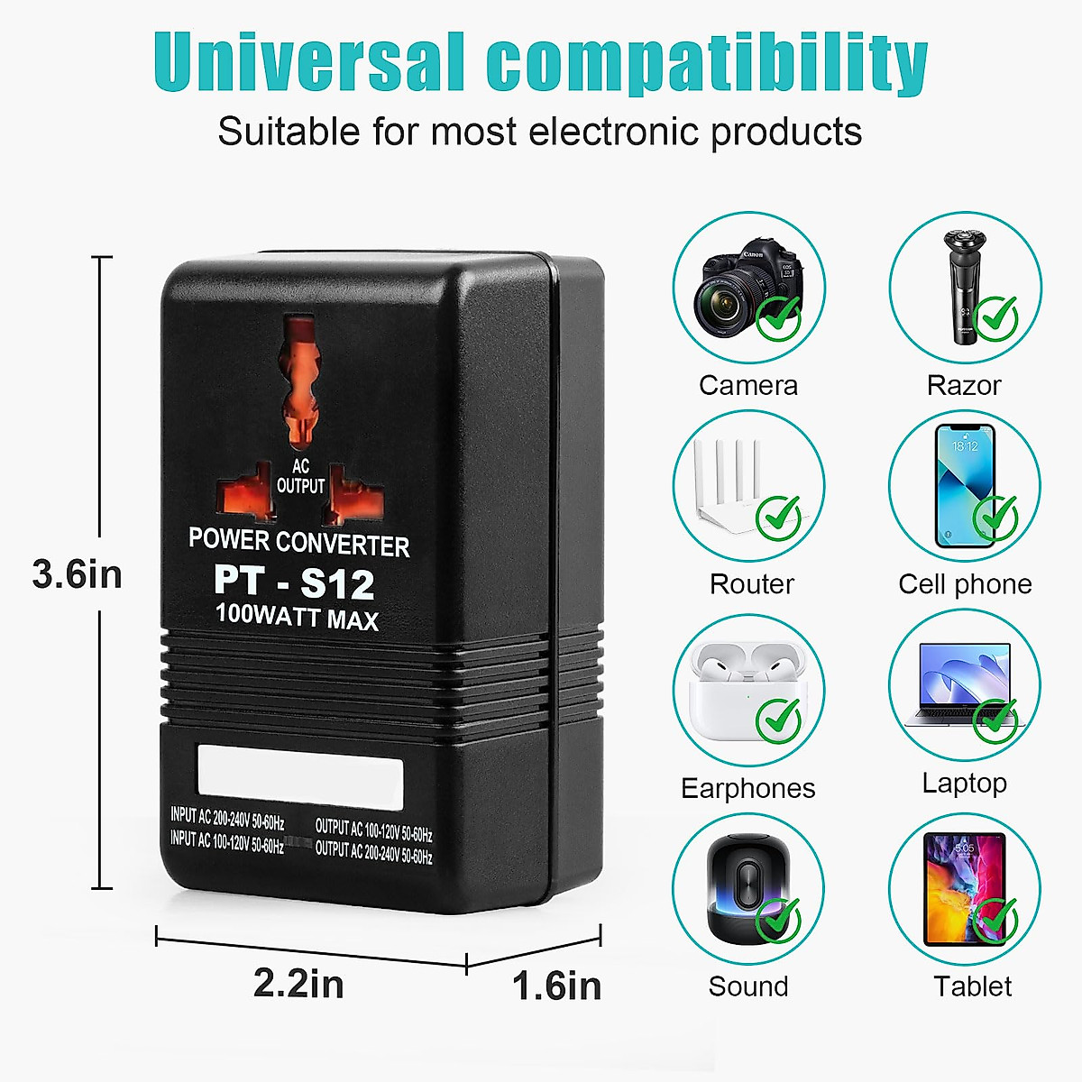 Voltage Converter 110V to 220V Step-Up & Step-Down Power Two-Way Conversion Voltage Converter Transformer for Travel, RV, and Camping(Black, 100W)