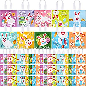 100 Pcs Easter Mini Gift Tote Bags for Kids Easter Small Baskets Bunny Non Woven Kraft Treat Goodie Eggs Bags with Handles for Easter Party Favors, Easter Egg Hunt