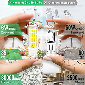 hansang 10 Pack G9 LED Bulbs 4000K Natural Daylight 6W (60W Halogen Equivalent) T4 Chandelier Light Bulbs G9 Bi Pin Ceramic Base, No-Flicker AC120V 600LM 360°Beam Angle No-Dimmable