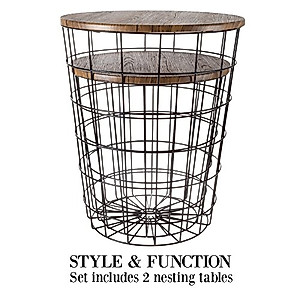 Lavish Home End Storage – Nesting Wire Basket Base and Wood Tops – Industrial Farmhouse Style Side Table, Set of 2 - Round Black, Brown