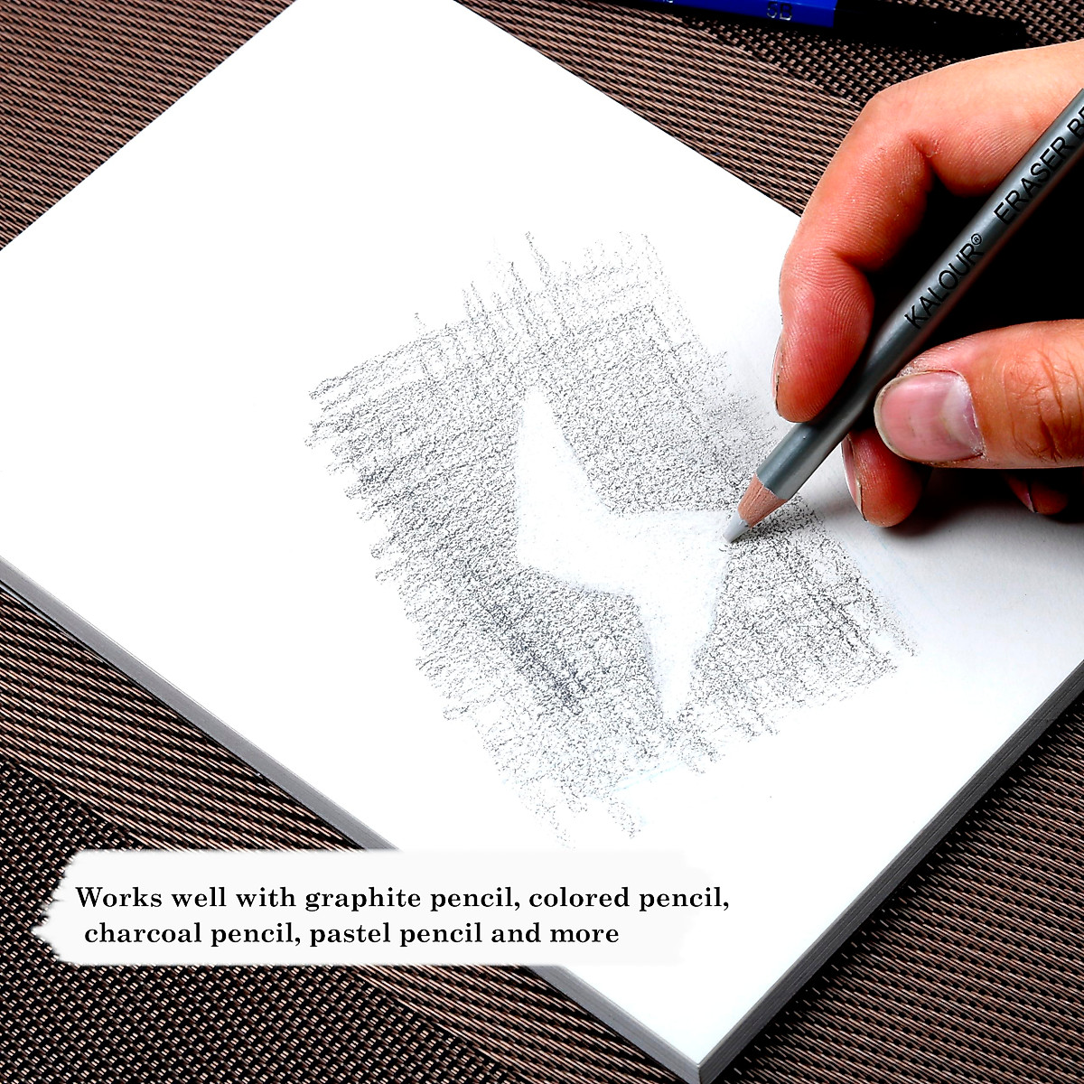 KALOUR Detail Eraser Pencil - 6pc Eraser Pencils with Brush and 2pc Sharpener,Erasing Small Details or add Highlights for Sketching, Charcoal Drawings. Fine Detail Eraser for Beginners & Artists