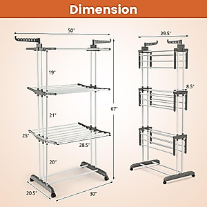 Moccha 4-Tier Clothes Drying Rack, Folding Drying Rack w/ 4 Wheels, 24 Drying Poles & 2 Rotatable Side Wings for Clothes, Portable Clothing Drying Rack for Laundry, Laundry Bag, Grey