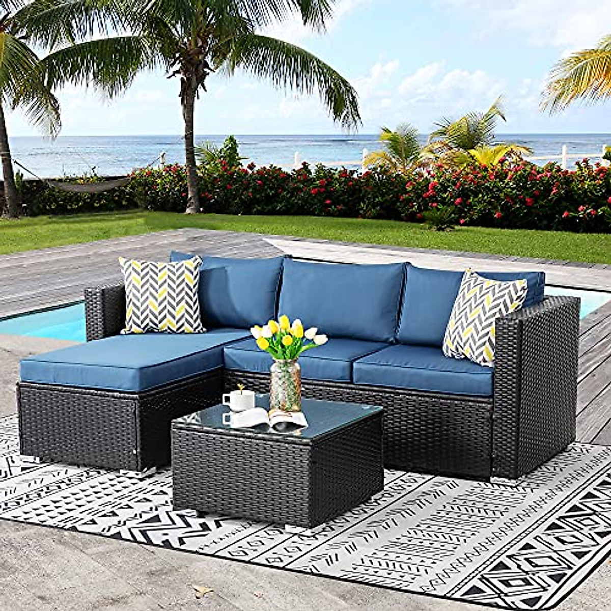 Walsunny Patio Furniture Set 3 Piece Outdoor Sectional Patio Sofa, All Weather Wicker Rattan Outdoor Furniture with Glass Table and Cushions(Aegean Blue)