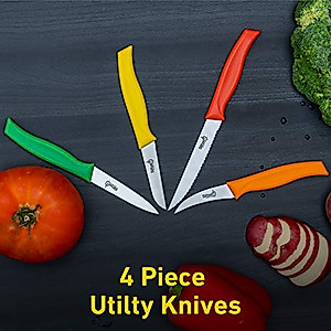 Slitzer Germany 4-Piece Kitchen Knife Set - German Stainless Steel Blades & Colorful Handles - Utility, Paring, Vegetable, & Beak Carving Knives