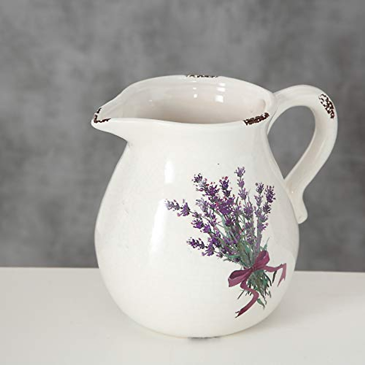 French Country Lavender Pitcher, Cottage Edition, Distressed Vintage Style, Rustic White, Worn Exposed Patches, 7 Inches Tall, Stoneware