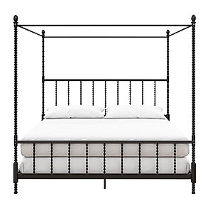 Pemberly Row King Size Canopy Bed with Headboard, Footboard, Metal Slats in Metal, in Black, No Box Spring Needed, Easy Assembly