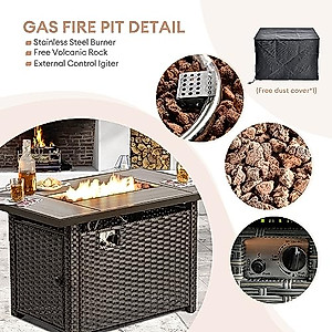 XIZZI Outdoor Wicker Furniture Patio Set 6 Pieces Backyard Furniture Brown Rattan Conversation Sets with 50,000 BTU Propane Fire Pit Table,Swivel Chairs,Rattan Sofa,Loveseat and Side Table,Beige