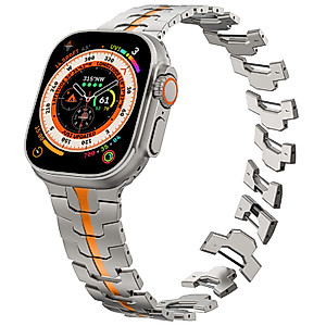 CHANCHY Stainless Steel Band for Apple Watch Ultra 2 Band 49mm 46mm 45mm 44mm, Metal Strap with Folding Clasp for Apple Watch Series 10 9 8 7 6 5 4 3 2 1 Ultra Ultra 2 for Men (49mm, Titanium/Orange)