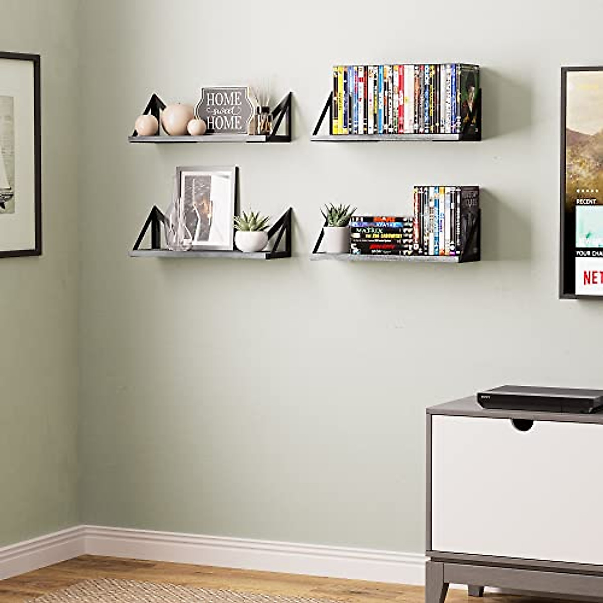 Wallniture Minori Floating Shelves Set of 4, 17"x6" Wood Wall Shelves for Living Room, Bathroom, Kitchen, Office, Bedroom, Gray Wood with Metal Floating Shelf Bracket