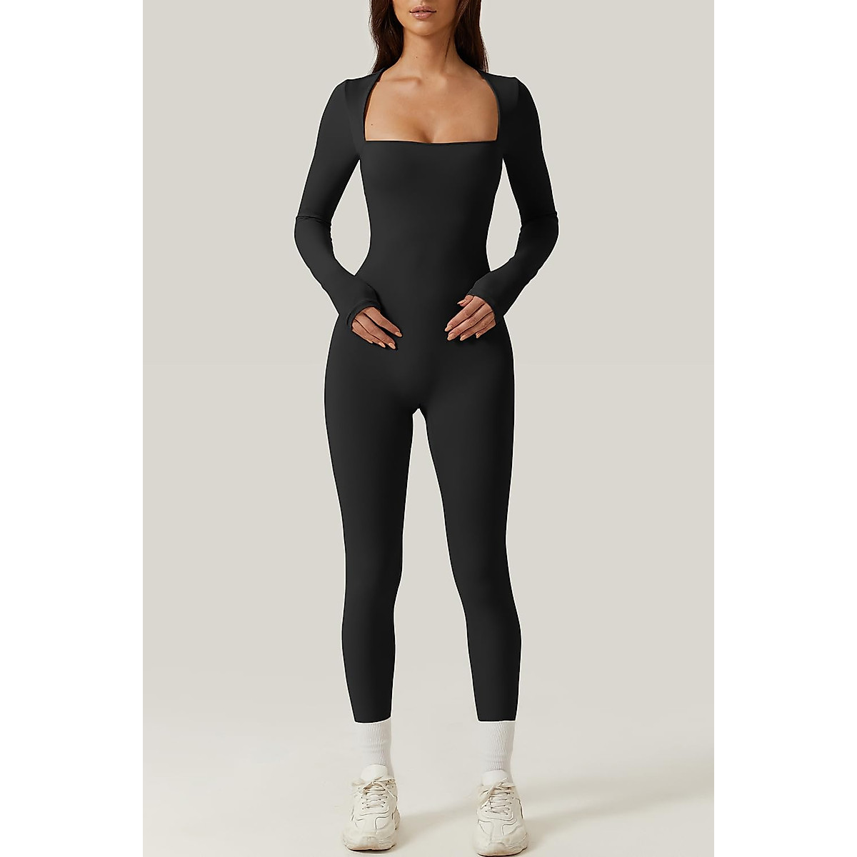 QINSEN Woman's Square Neck Long Sleeve High Waist Long Leggings Jumpsuit Black S