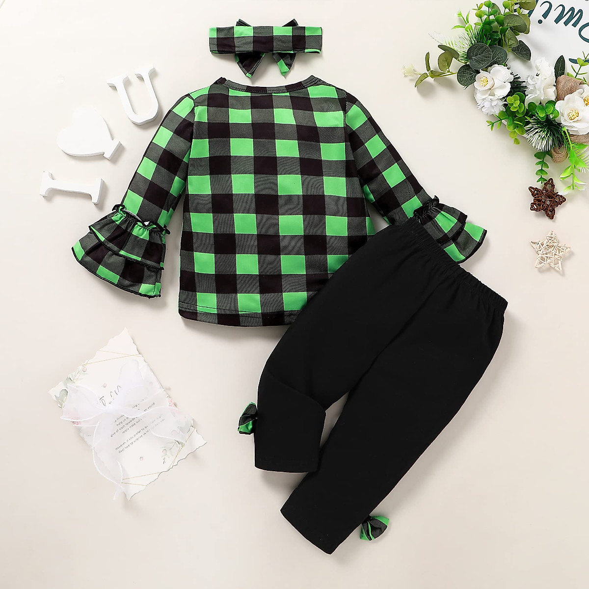 YOUNGER TREE Toddler Girl St Patricks Day Outfits Four-Leaf Clover Sweatshirt Clothes Saint Patrick's Day Ruffle T Shirt Tops + Bell Bottoms Pants (Green Plaid A, 4-5T)