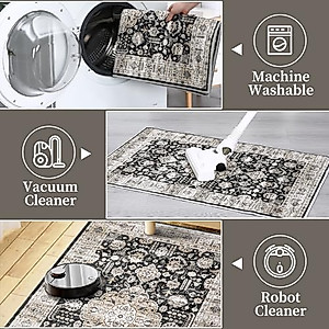 GlowSol Washable Rugs 2x6 Runner Rug Vintage Oriental Area Rugs for Bedroom Aesthetic Entryway Rug Black Rug Throw Rugs with Rubber Backing Distressed Carpet Kitchen Rugs Black 2'x6'