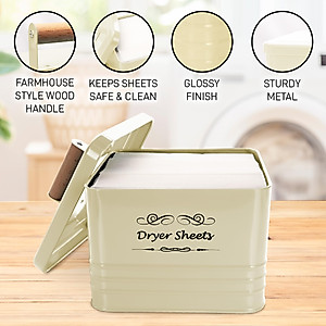 ELITAPRO Dryer Sheets Holder for Laundry Room - Farmhouse Dryer Sheet Box with Lid - Laundry Room Decor & Accessories - Metal Dryer Sheet Container for Laundry Room Organization & Storage (Ivory)