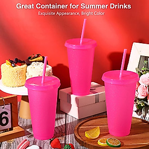 Amyhill 12 Pcs Reusable Cups with Lids and Straws 24 oz Plastic Tumbler Iced Coffee Cup Travel Mug for Smoothie Juices Birthdays Sleepover Party Supplies for Girls(Hot Pink, Shiny Color, 12 Pcs)