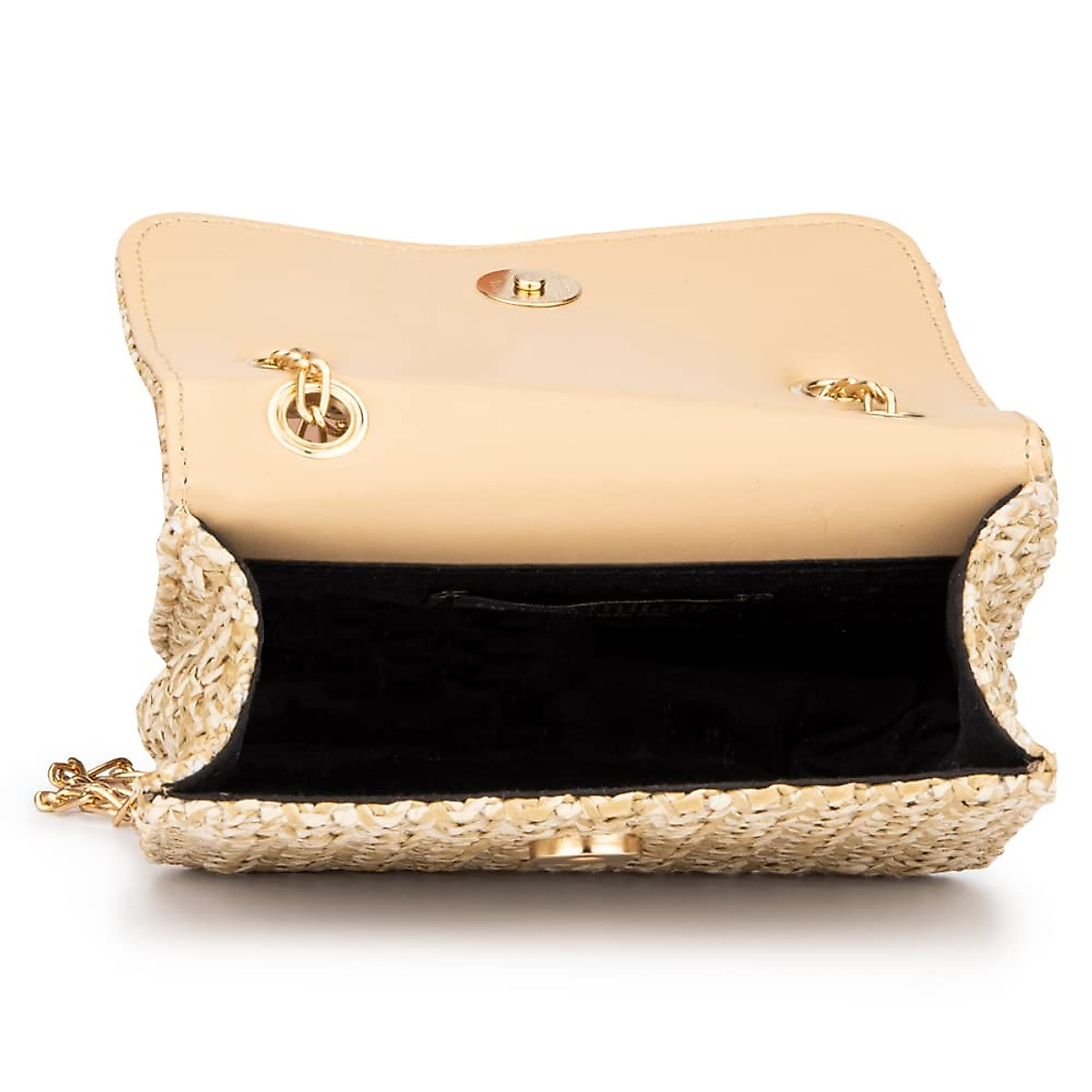 Olivia Miller Women's Fashion Mini Theodore Natural Straw w Double Chain n Front Flap, Beige Mini Crossbody Bag w Convertible Strap, Evening Everyday Casual Work Purse Handbag