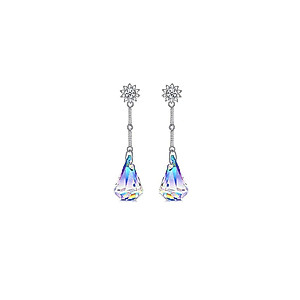 Savlano 14k White Gold Plated Aurora Borealis Austrian Rainbow Multicolor Crystal Tear Drop Cut Stud Dangle Earrings For Women & Men