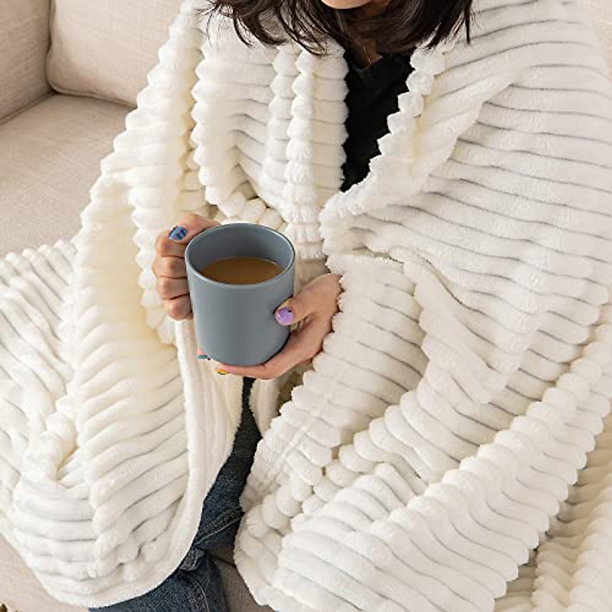 MIULEE Fleece Throw Blanket with Stripe Pattern for Couch Super Soft Fuzzy Flannel Cream White Blanket Plush Warm Cozy Bed Blanket for Sofa Chair Twin Size 60"x80"