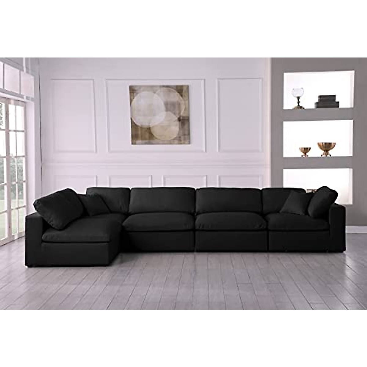 Meridian Furniture Plush Collection Contemporary Down Filled Cloud-Like Comfort Overstuffed Velvet Upholstered Modular L-Shaped Sectional, 5-Seater, Semi-Armless, Black