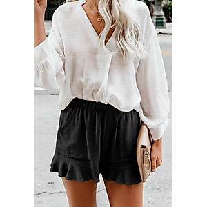 HUUSA Beach Shorts Women Casual Loose Fashion Ruffle Elastic Waist Mid Rise Workout Running Black Short with Pockets XL