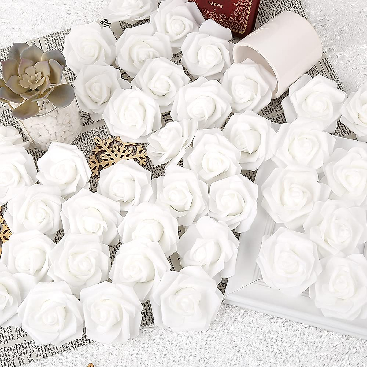 INSUNSIX Artificial Rose Flowers,100pcs Foam Rose Bulk White Fake Flower Heads for DIY Wedding Bouquets Rose Wall Kissing Balls Bridal Shower Centerpieces Arrangements Party Tables Decorations(White)