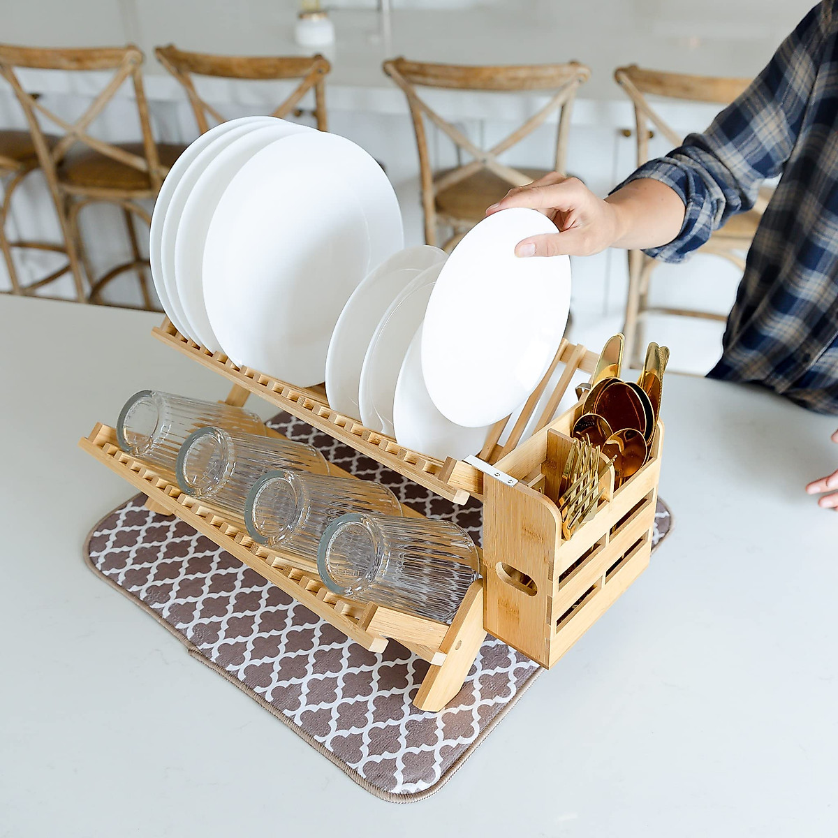 All-in-1 Bamboo Dish Drying Rack Set with Utensil Holder and Microfiber Drying Mat Large Collapsible 3 Tier Wooden Dish Drying Rack Bamboo Utensil Drying Rack and 15" Dish Drying Mat.