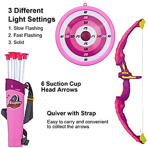 Liberty Imports Kids Bow and Arrow Set - LED Light Up Archery Toy Set with 6 Suction Cup Arrows, Target, Quiver - Indoor and Outdoor Target Practice for Girls (Pink)