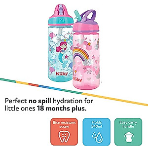 Nuby 2 Pack Iridescent Flip-it Kids On-The-Go Printed Water Bottle with Bite Proof Hard Straw - 18oz / 540 ml, 18+ Months, 2 pk Prints May Vary