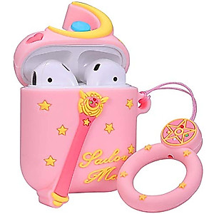 TanMay AirPods 1 & 2 Case Soft Silicone Pink Sailor Moon Crystal Wand Cover with Strap for Apple AirPods 3D Cartoon Magical Girl,Protective Cool Fun Cute Lovely Special Girls (Magic Wand)