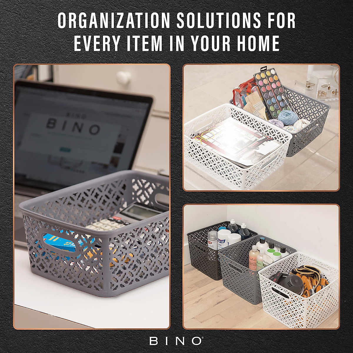 BINO l Plastic Storage Baskets, Large - Black | THE BLOSSOM COLLECTION l Multi-Use Organizer Bin l Built-in Handles l Plastic Woven Basket for Organizing l Pantry & Home Organizing Basket