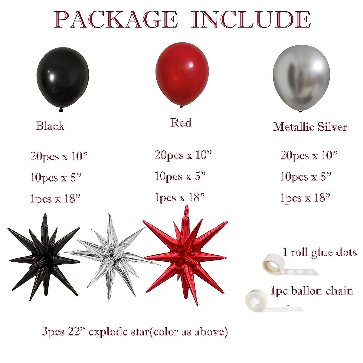 Black Red Silver Balloons Arch Decorations, Graduation Balloons Decoration18" 12” 5“ Balloons Black Red and Silver Foil Explode Star for Birthday 1st 21st 30th 40th 60th Party Grad New Year Decor
