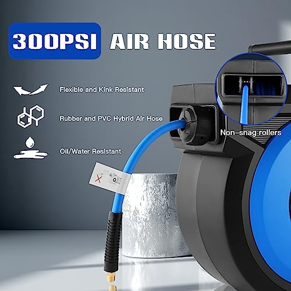 80FT + 6.5FT Retractable Air Hose Reel, Wall Mount Penumatic Hose Reel for Garage Workshop, Automatic Rewind, 3/8" x 80' Hybrid Air Hose with Brass Fittings + Bend Restrictors, 300PSI