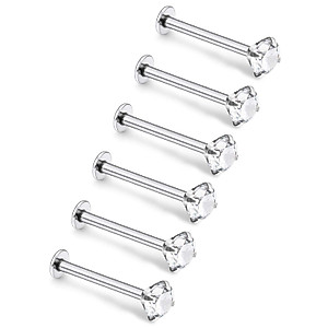 Dyknasz Labret Studs 16G Surgical Steel Monroe Barbell Lip Ring Piercing Jewelry 2mm Clear Diamond CZ with Flat Back for Women Men Silver-Tone